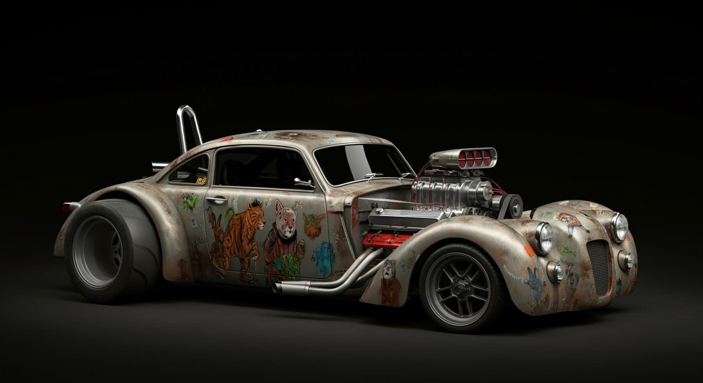 Retro British Dragster with Vibrant Animal Art - AI Art