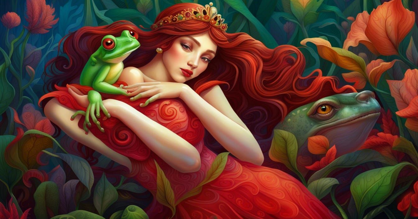 Princess hugging a green frog. - AI Generated Artwork - NightCafe Creator