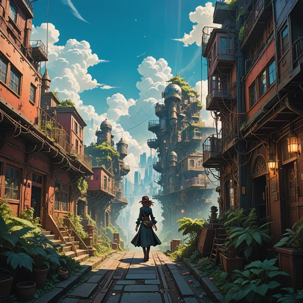 nostalgic era of 90's anime slums architecture with mild steampunk and ...