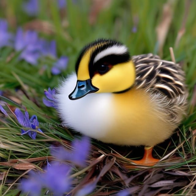 Adorable baby duck with fluffy, downy feathers and big, curious eyes ...