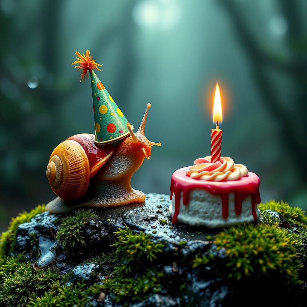 Snail's Birthday - Vibrant Snail Party Scene in Photorealist...