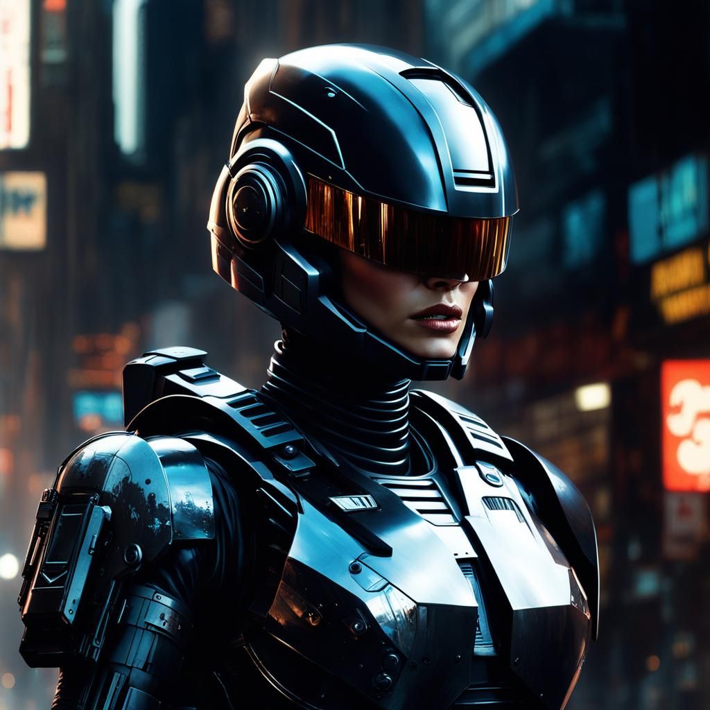 Female Robocop_insanely_detailed_matte_painting by jeremy_mann, andree ...