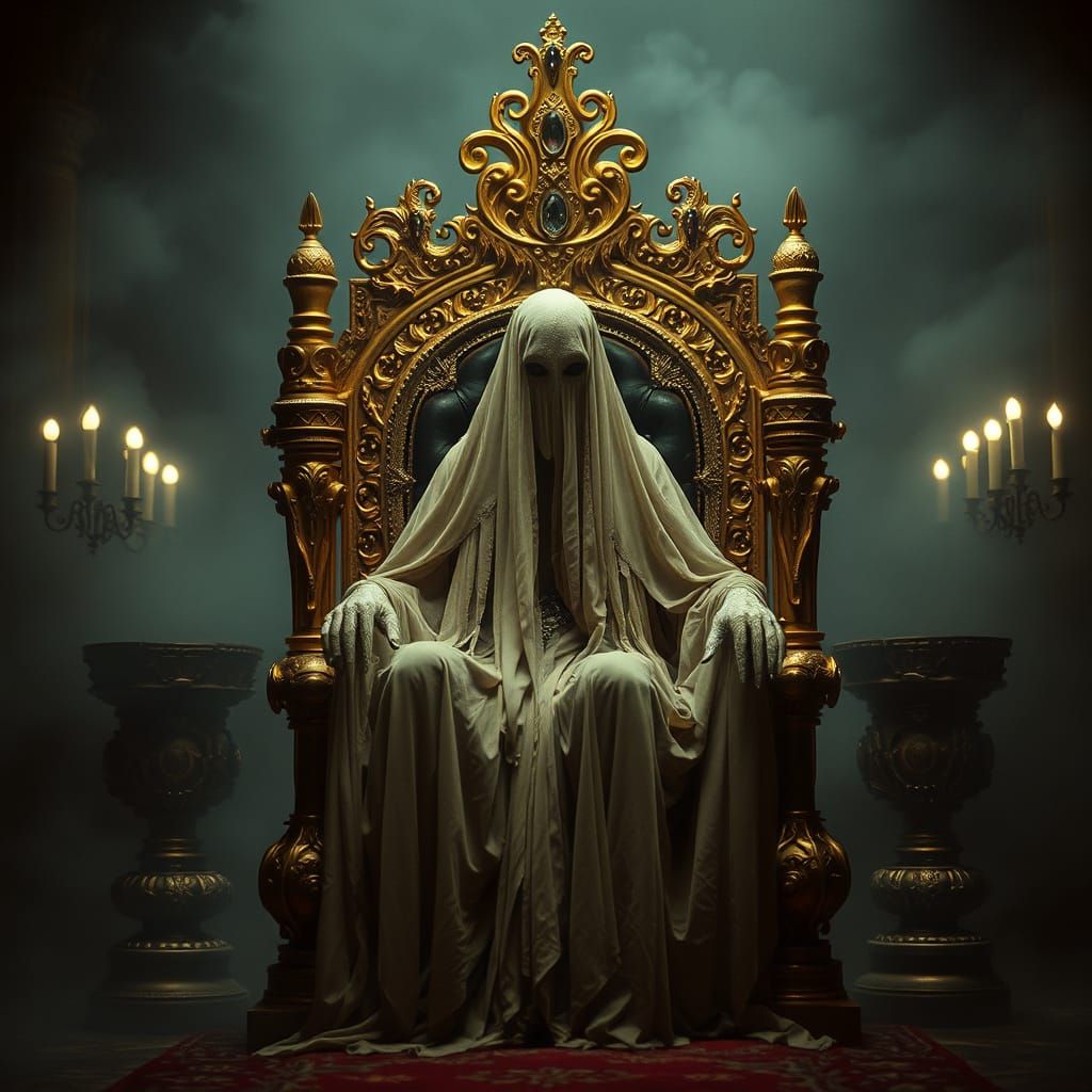 A ghostly wraith sits on her golden jewelled throne in her court