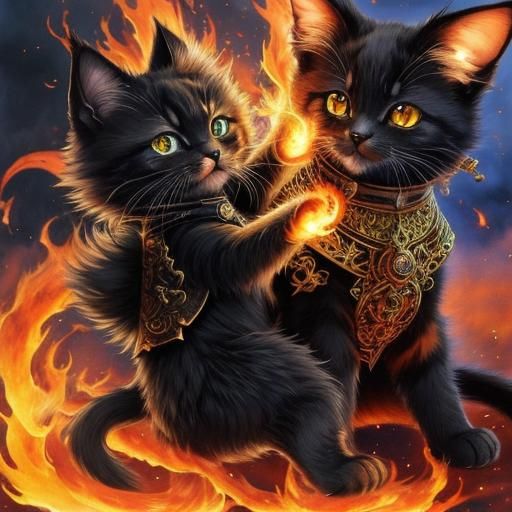 Anime kittens playing together fantasy anime fire cat, swirling fur ...