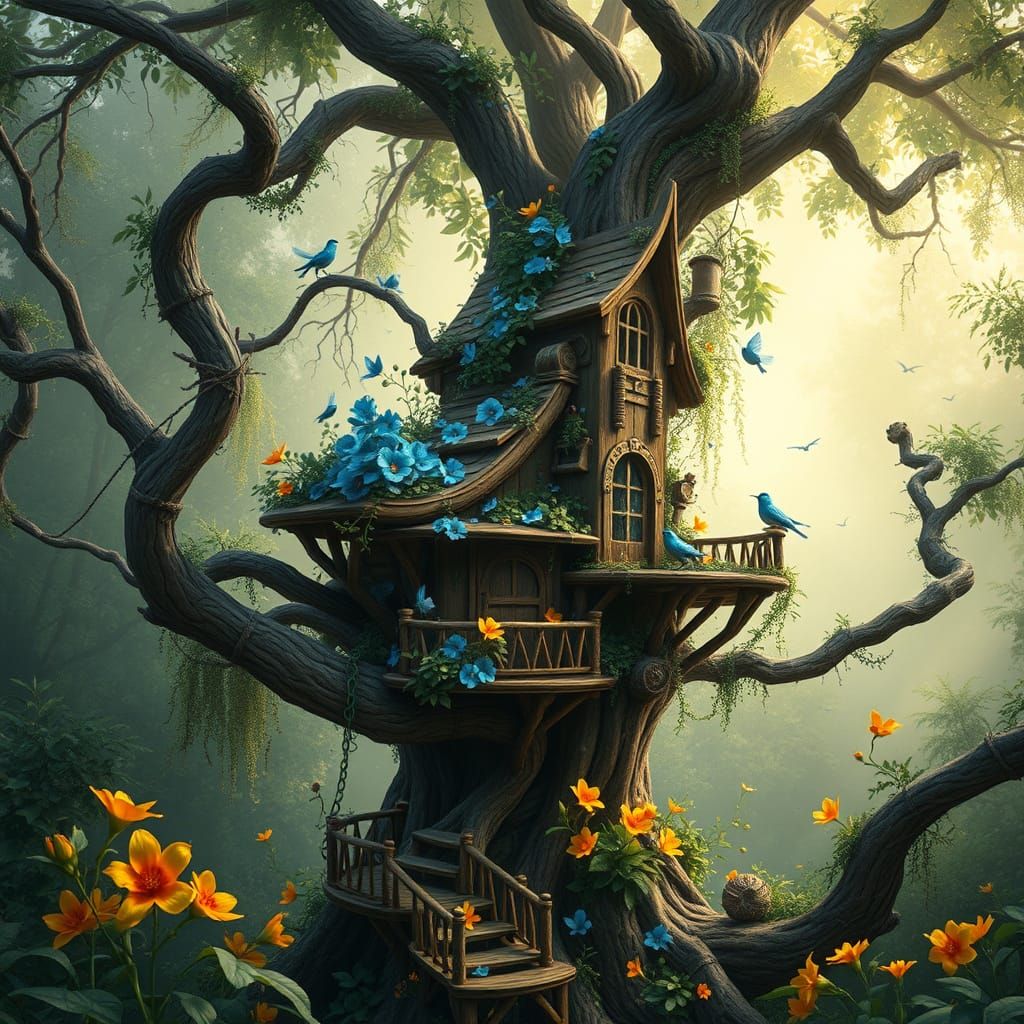 Steampunk Treehouse in Lush Rainforest Setting - AI Art