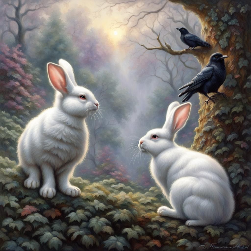 Two Hyper-realistic crows spying on a white bunny rabbit. ethereal ...