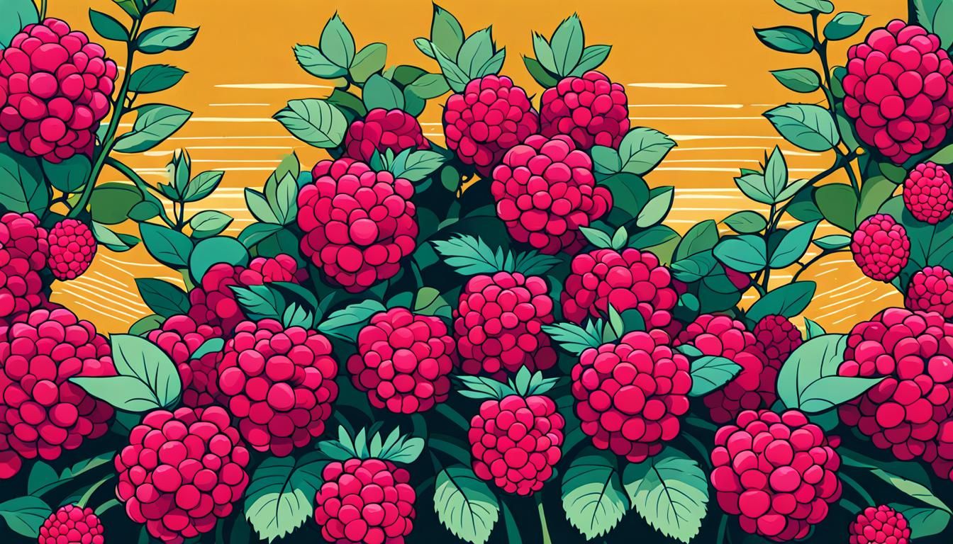 Raspberry bush filled with succulent raspberries in a decor combining ...