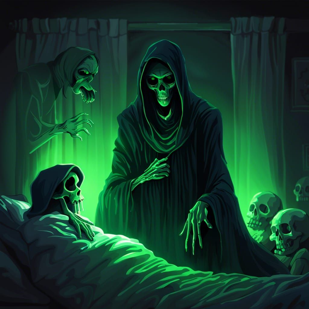 a deathly grim reaper looking over people in bed sleeping. the grim ...