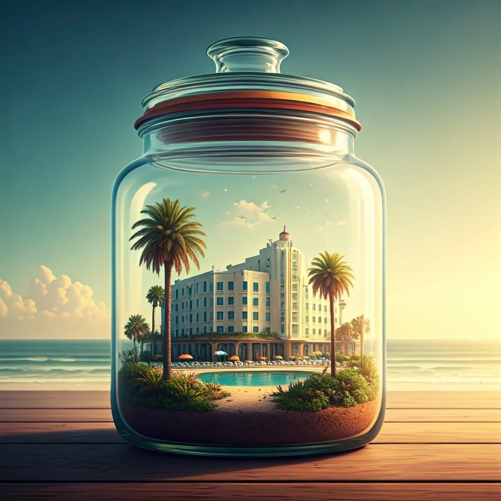 Surreal Beach Resort in Antique Glass Jar - AI Art