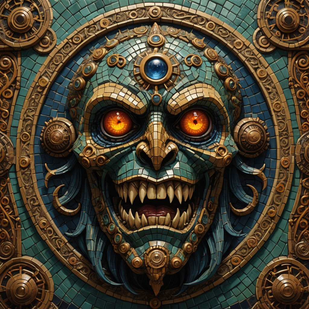 A detailed mosaic of a monster, - Vibrant Mosaic Monster Re...