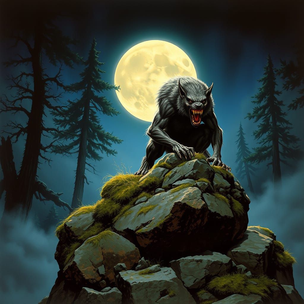 Werewolf on the rocks - Dark Fantasy Lycanthrope on Moonlit ...