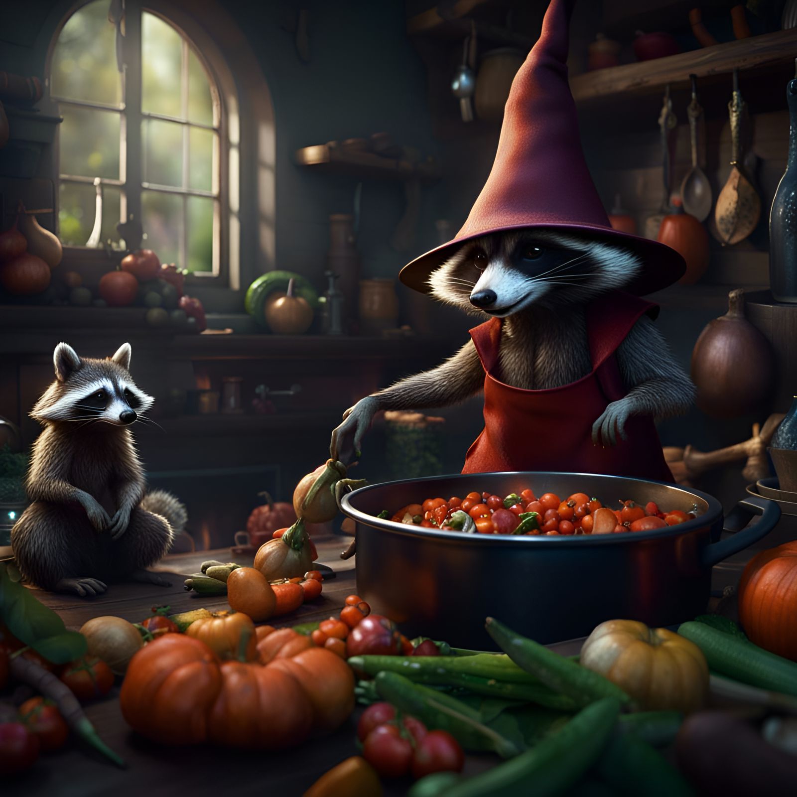 wide -brimmed witch hat, a family of raccoons (father, mother) peel ...