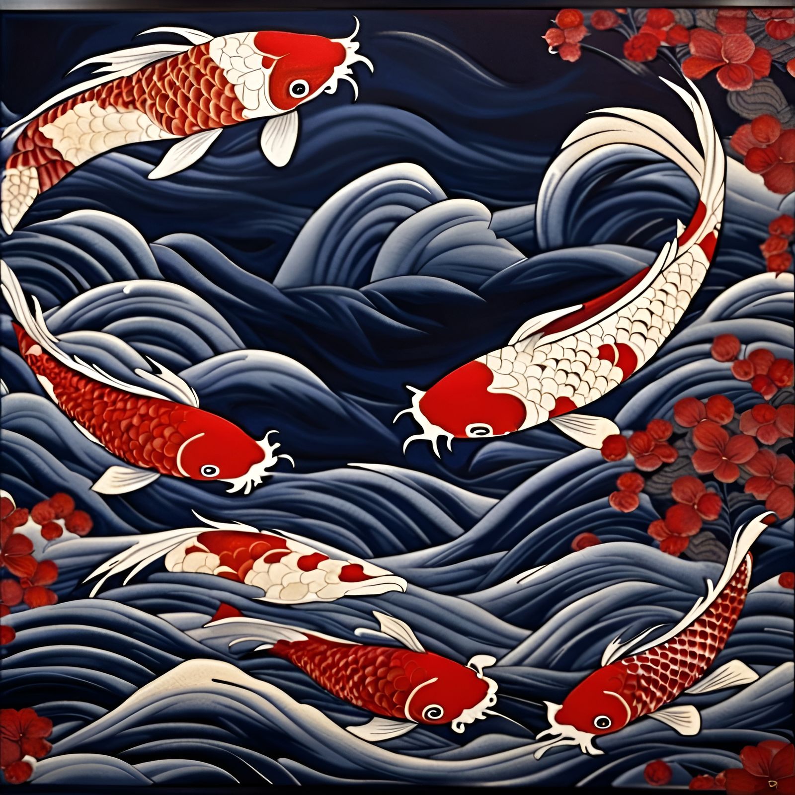 a koi fish swimming on an ocean seascape, in the style of dark red and dark indigo, japanese ...