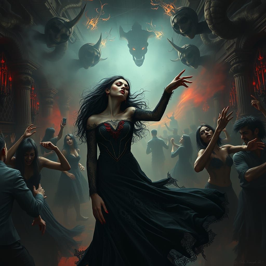 Gothic Lady Lost in Dark Rave Dance in Hellish Nig... - AI Art