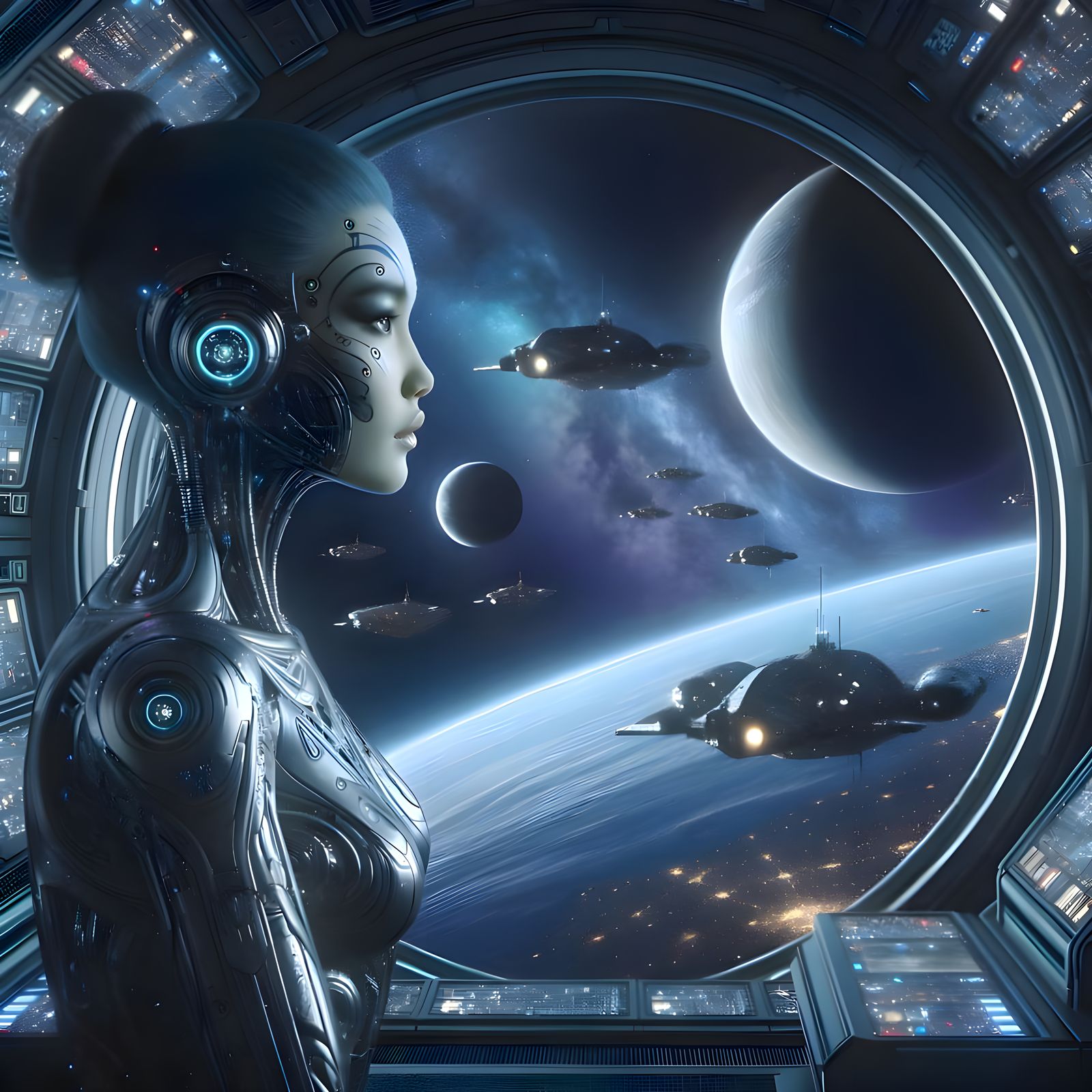 A beautiful masterpiece in space with spacecraft from the year 3049 of ...