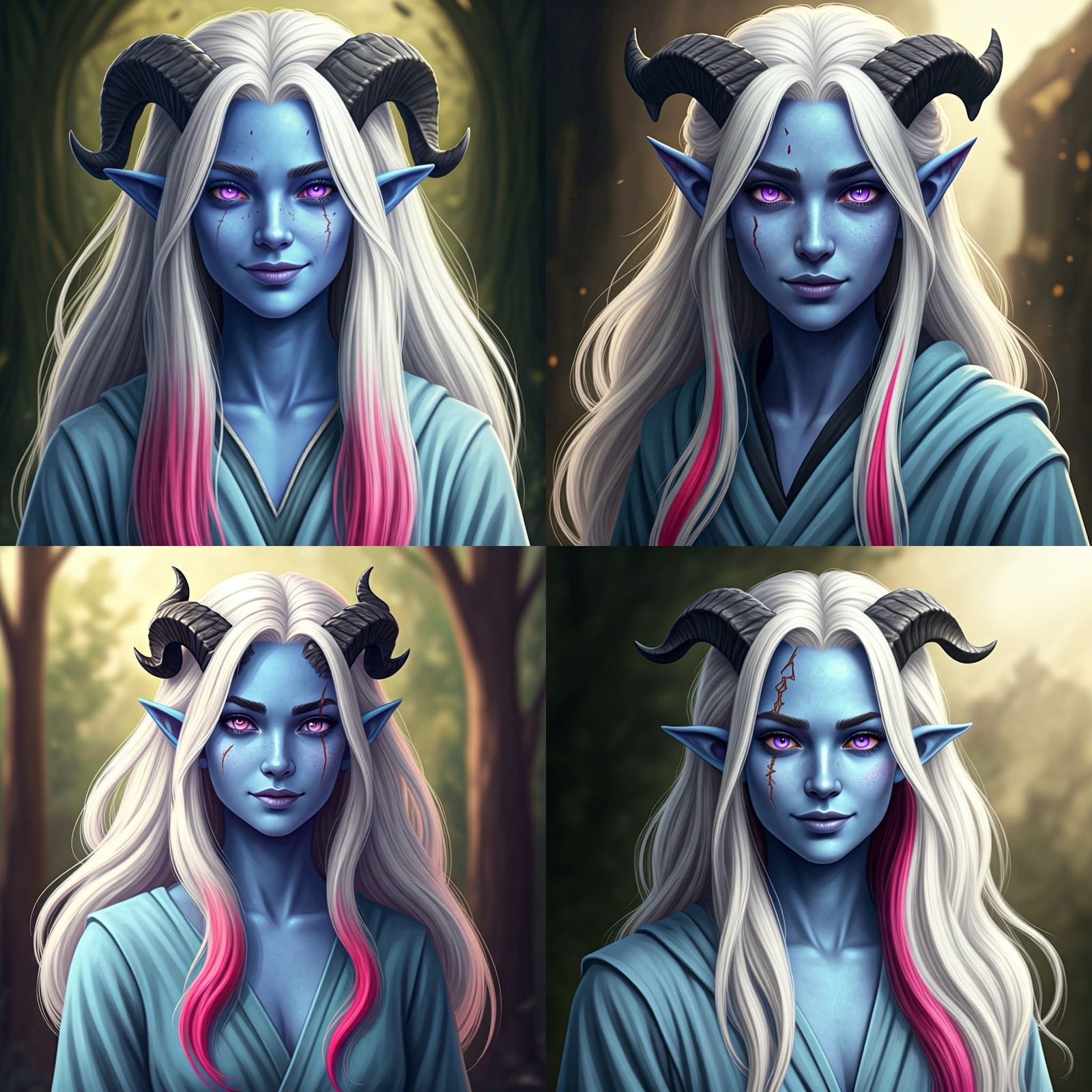 Tiefling Cleric Portrait with Broken Horns and Sky... - AI Art