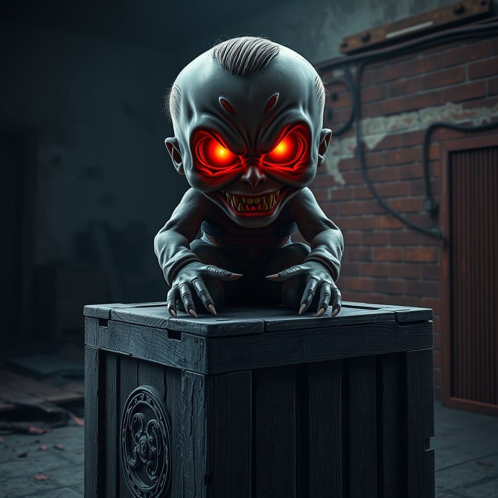 A photo of an evil, demonic haunted red doll with glowing red eyes and ...