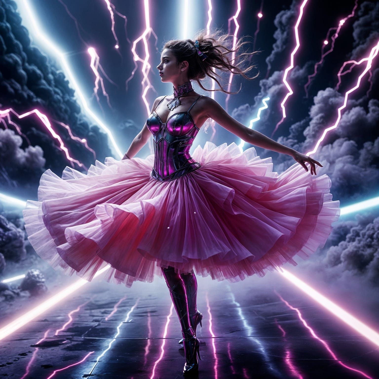 Cyberpunk Princess in Fuchsia Ballgown Leaps in Dy... - AI Art