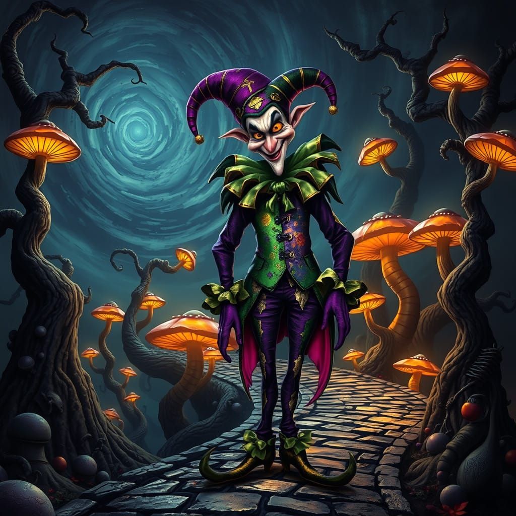 A whimsical jester in a dark fantasy world
