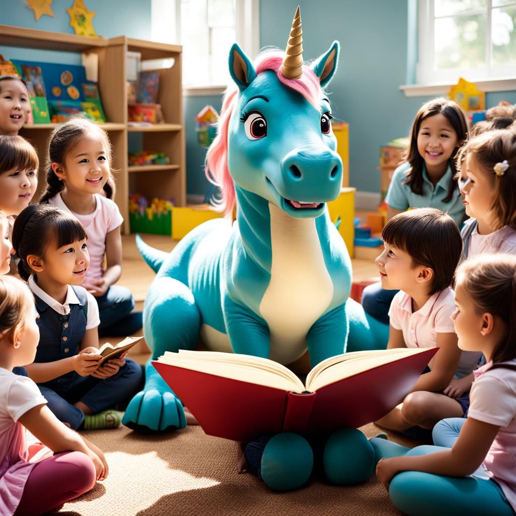 Unicorn reads a story to kindergarten students as they sit on the floor ...