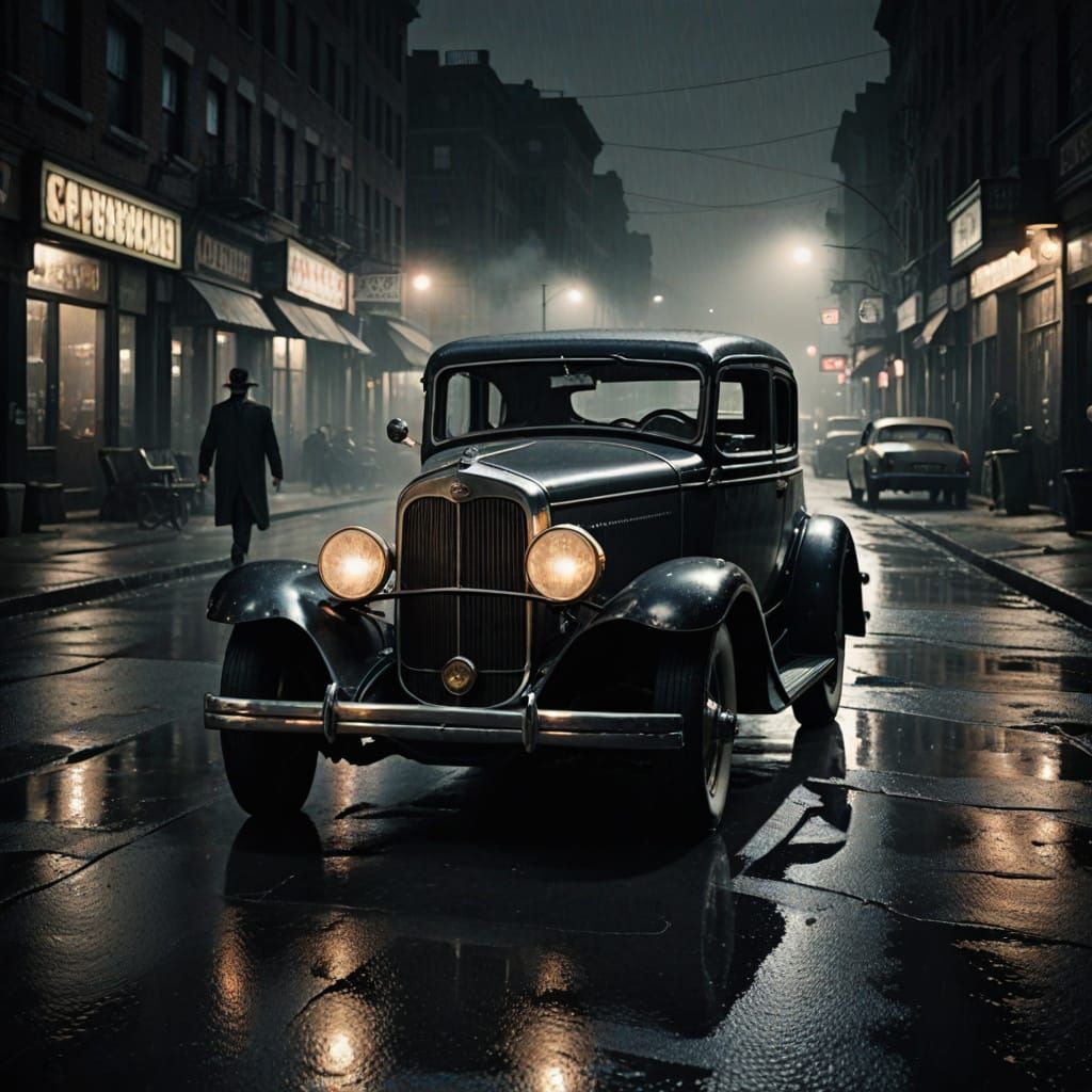 Mafia boss with a top hat and suit, climbing out of a 1930's oldsmobile