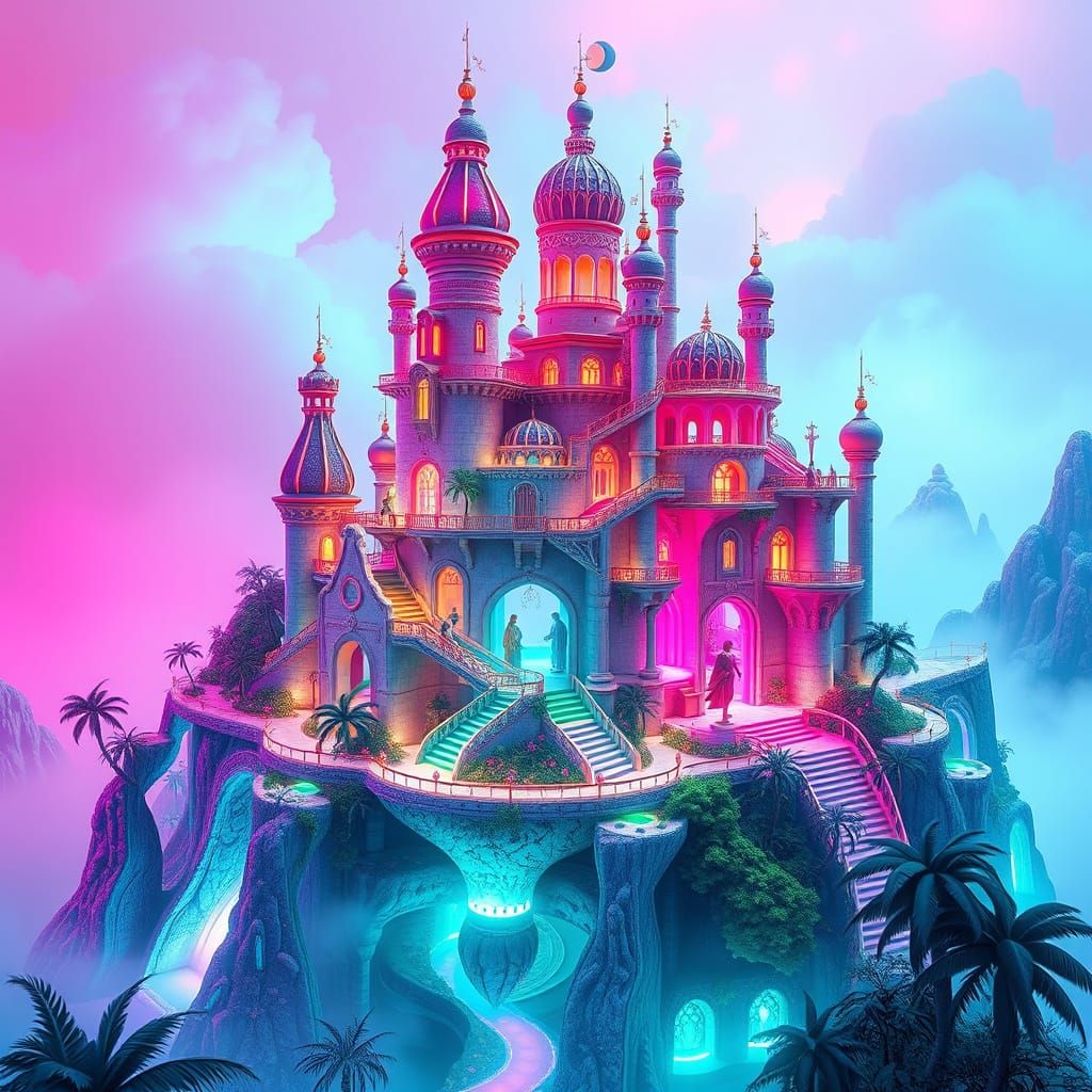 Escher-Inspired Neon Castle on a Tropical Island - AI Art
