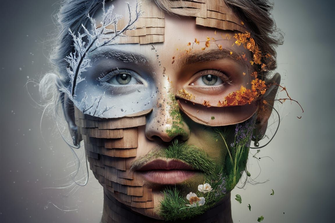a hyper-realistic double exposure image of a face composed of layers of ...