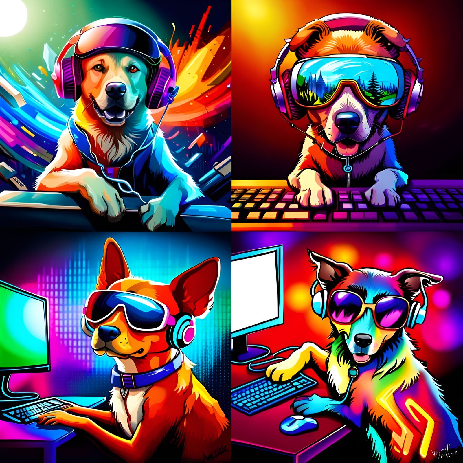 A cool gamer dog sitting at computer with headphones; 8k resolution ...