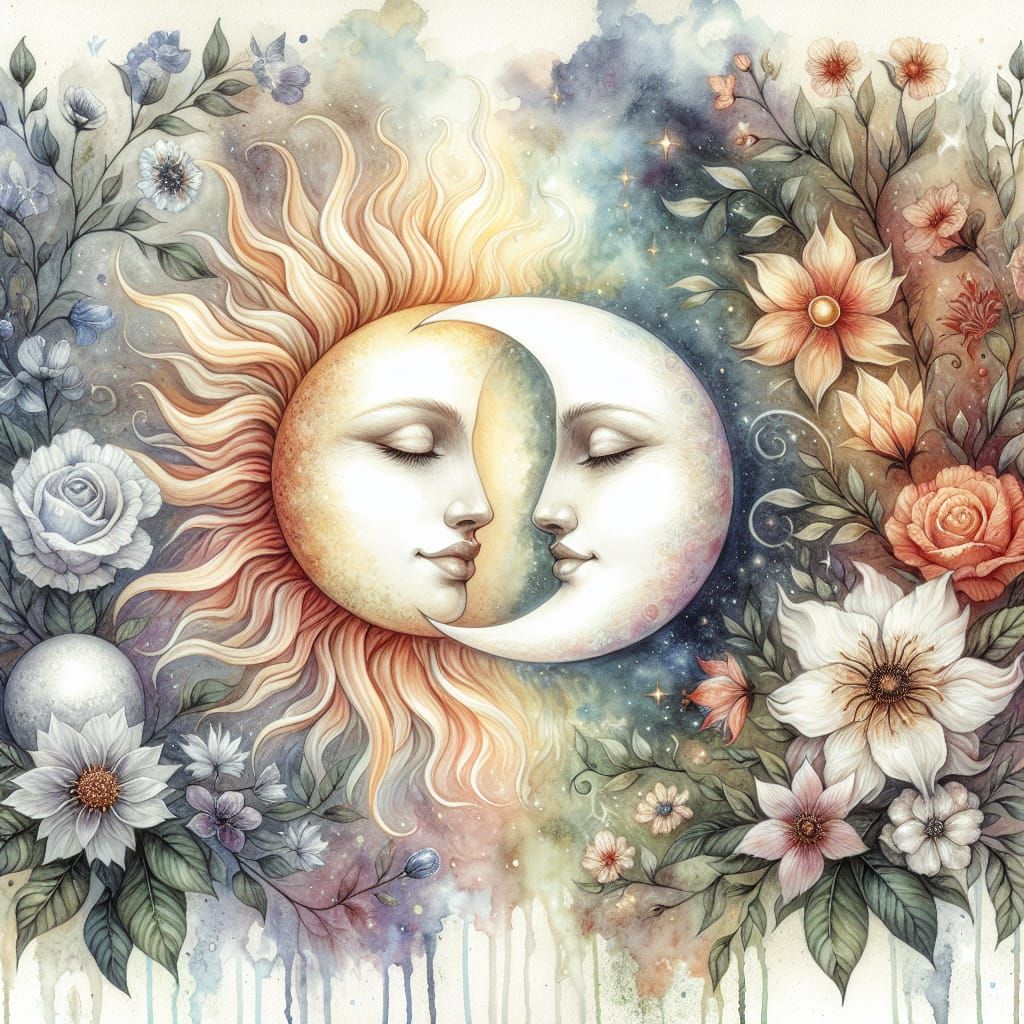 ethereal cool tone sun and moon faces radiating energy: detailed ...