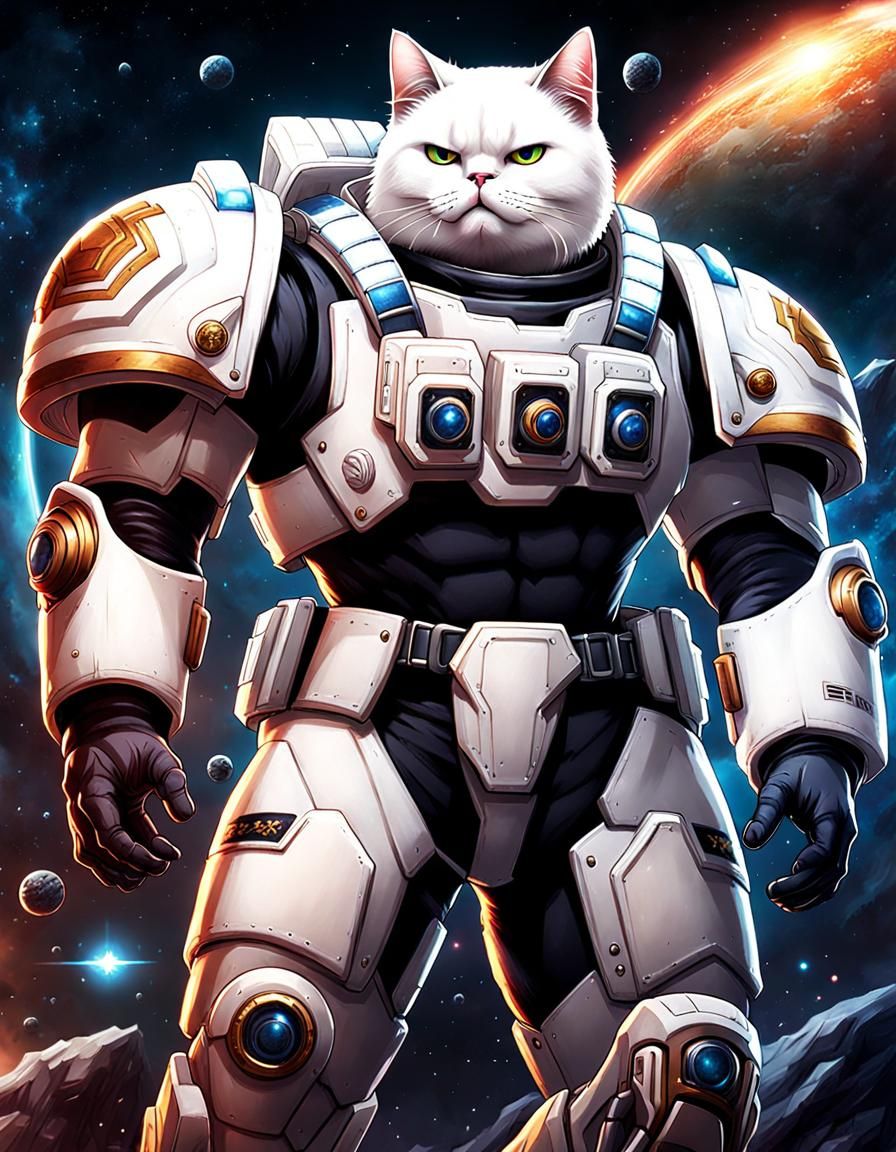 Muscular white exotic shorthair cat space marine inspired by Starcraft ...