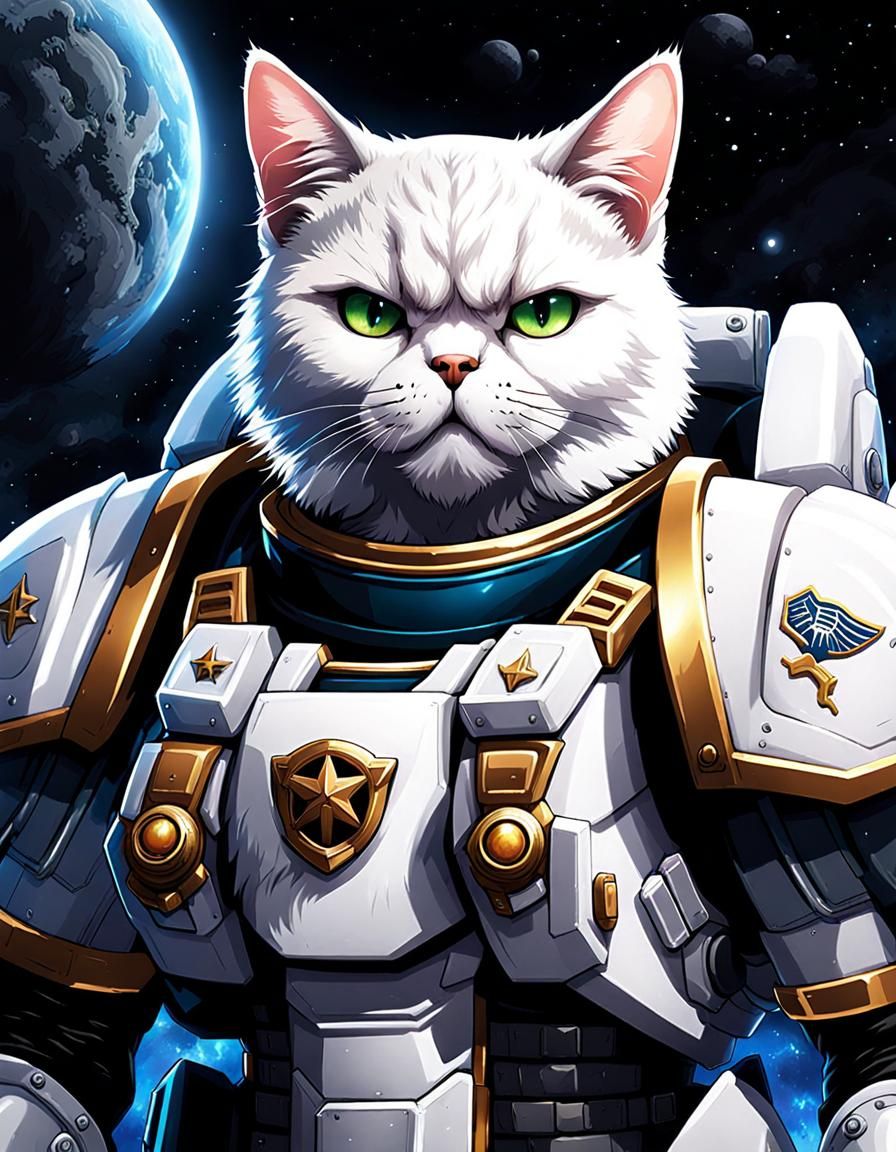 Muscular white exotic shorthair cat space marine inspired by Starcraft ...