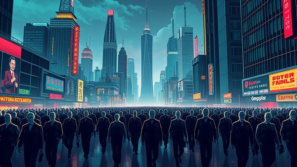 Dystopian Cityscape: Faceless Crowd Confronts Retr... - AI Art