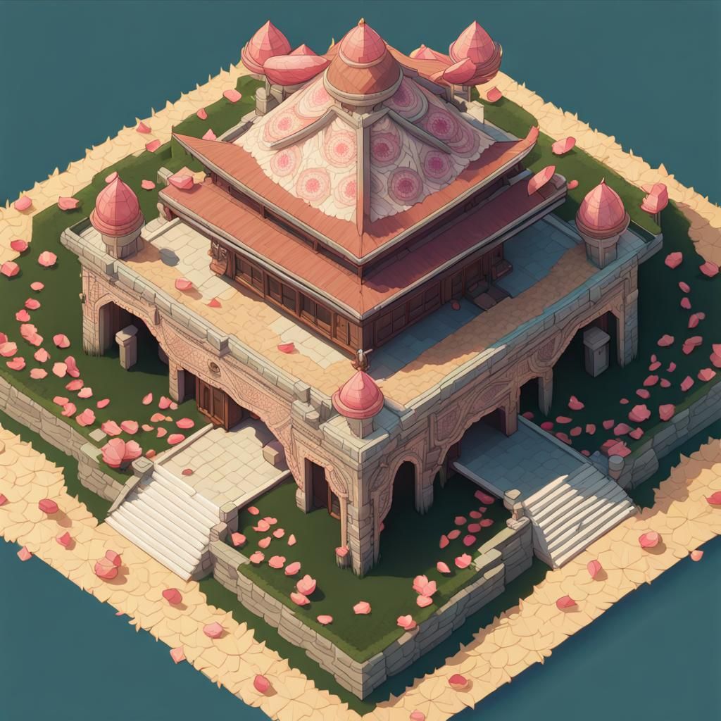 mandala-inspired building, dominant mandala patterns, isometric view ...