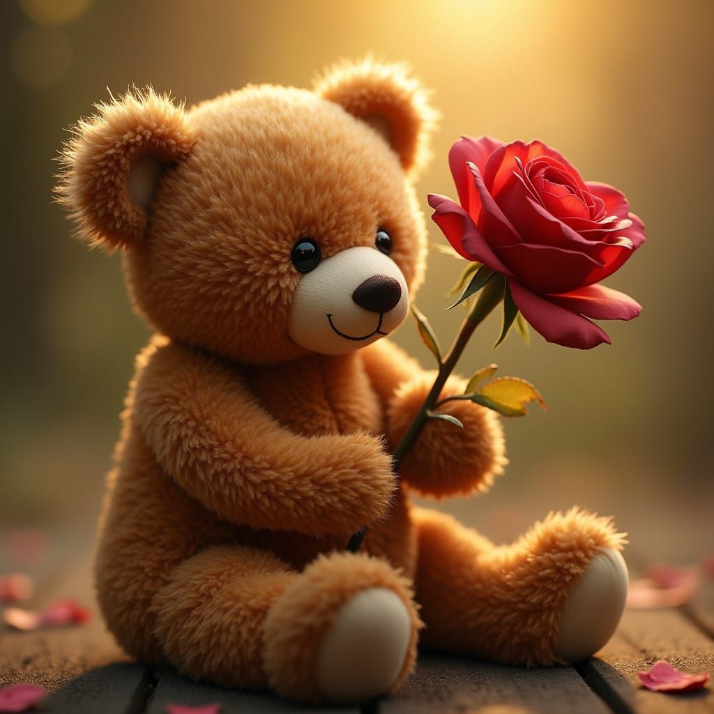 Valentine Teddy Bear - Warmly Lit Teddy Bear Holding a Red R...