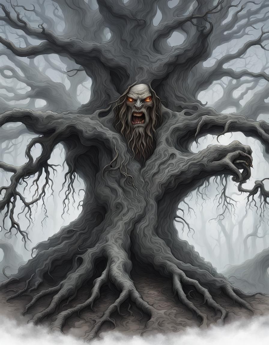fantasy design, mythic boggart, background misty gnarly trees, scary ...