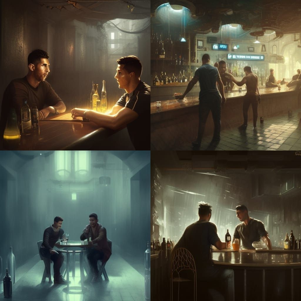 messi and ronaldo drinking at a bar, a masterpiece, 8k resolution, dark ...