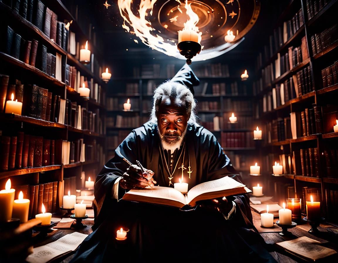 89N8G, floating upside down black american wizard dressed in magical ...