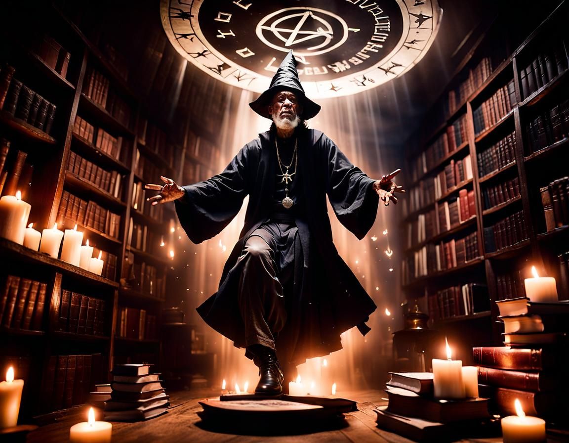 89N8G, floating upside down black american wizard dressed in magical ...