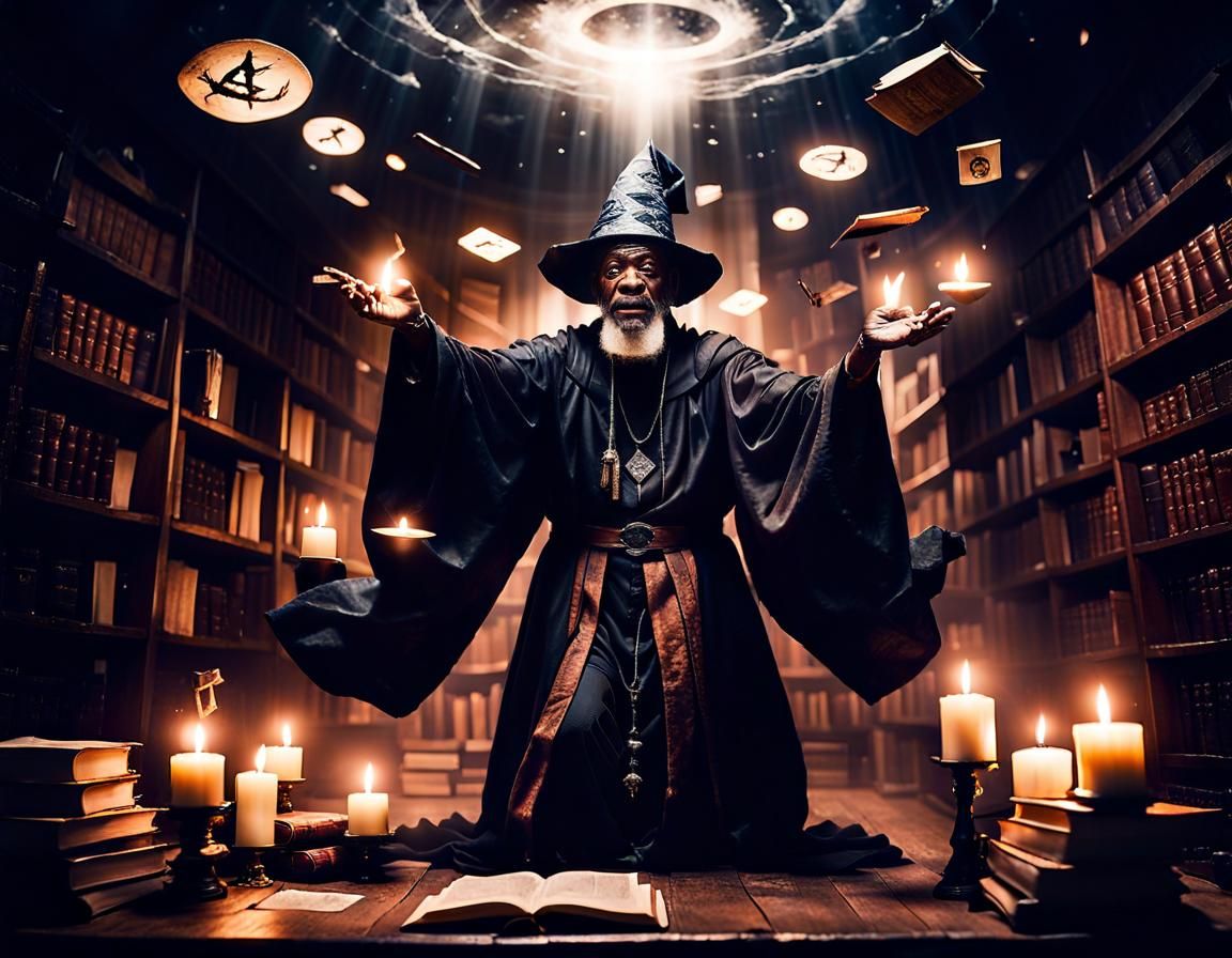 89N8G, floating upside down black american wizard dressed in magical ...