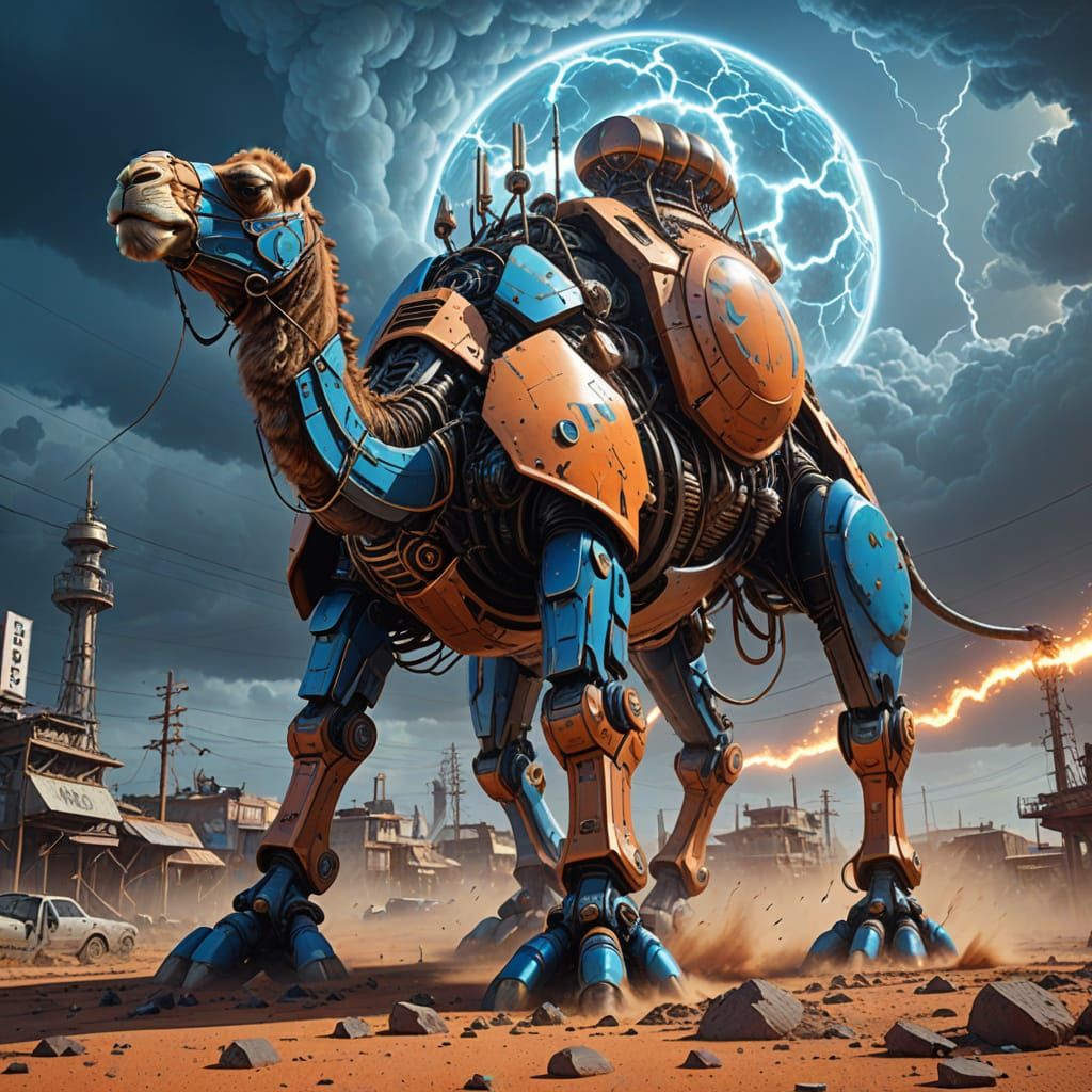 A2727 - A colossal mechanical camel stands towering, its body merged ...