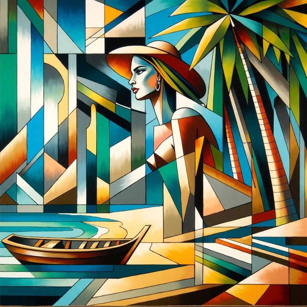 Neo-Cubist Tropical Beach Scene in Vibrant Oil Col... - AI Art