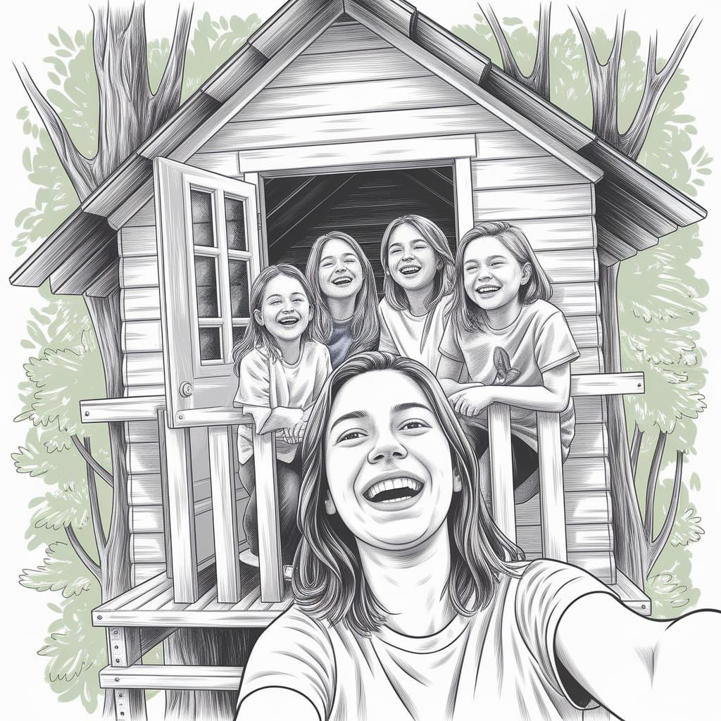 Childhood Friends Laughing in Treehouse Pencil Ske... - AI Art