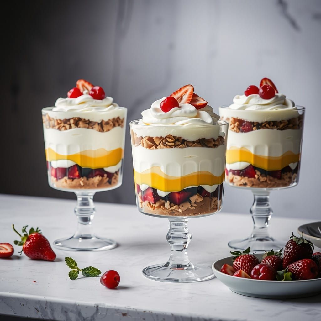 Trifle - Vintage Trifle Still Life with Whipped Cream and Wa...