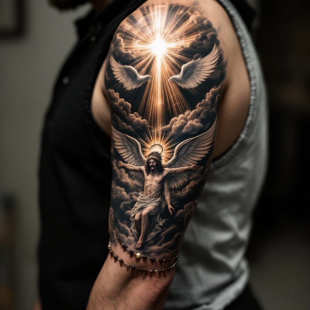 Divine Redemption Sleeve Tattoo in Inspired Style - AI Art