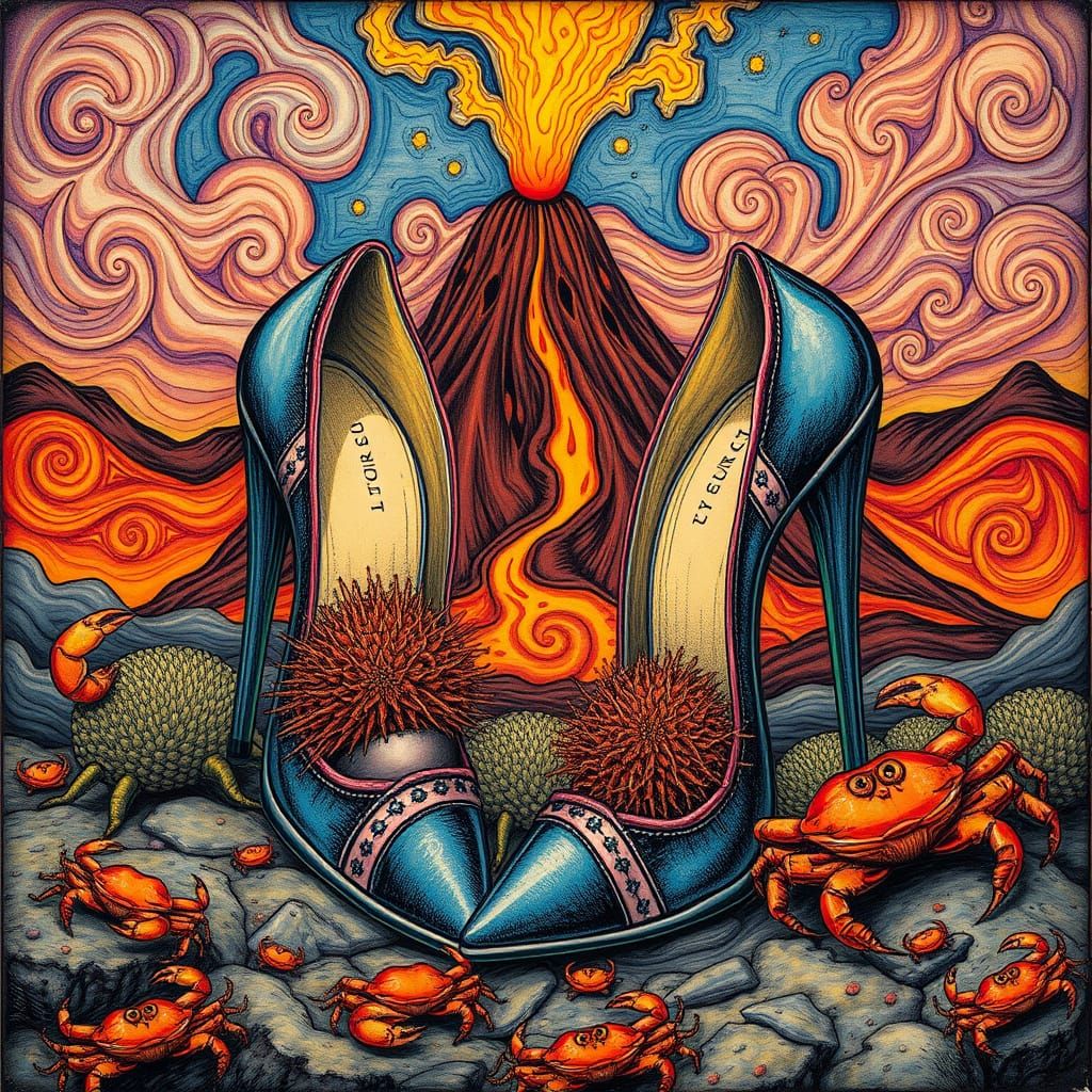 Durer-style illustration print. Stiletto heels encased in sea urchins ...