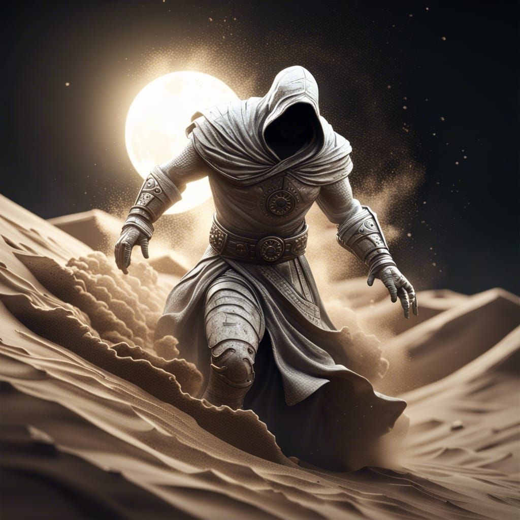 The Moon Knight dissolving into swirling sand, volumetric dust ...