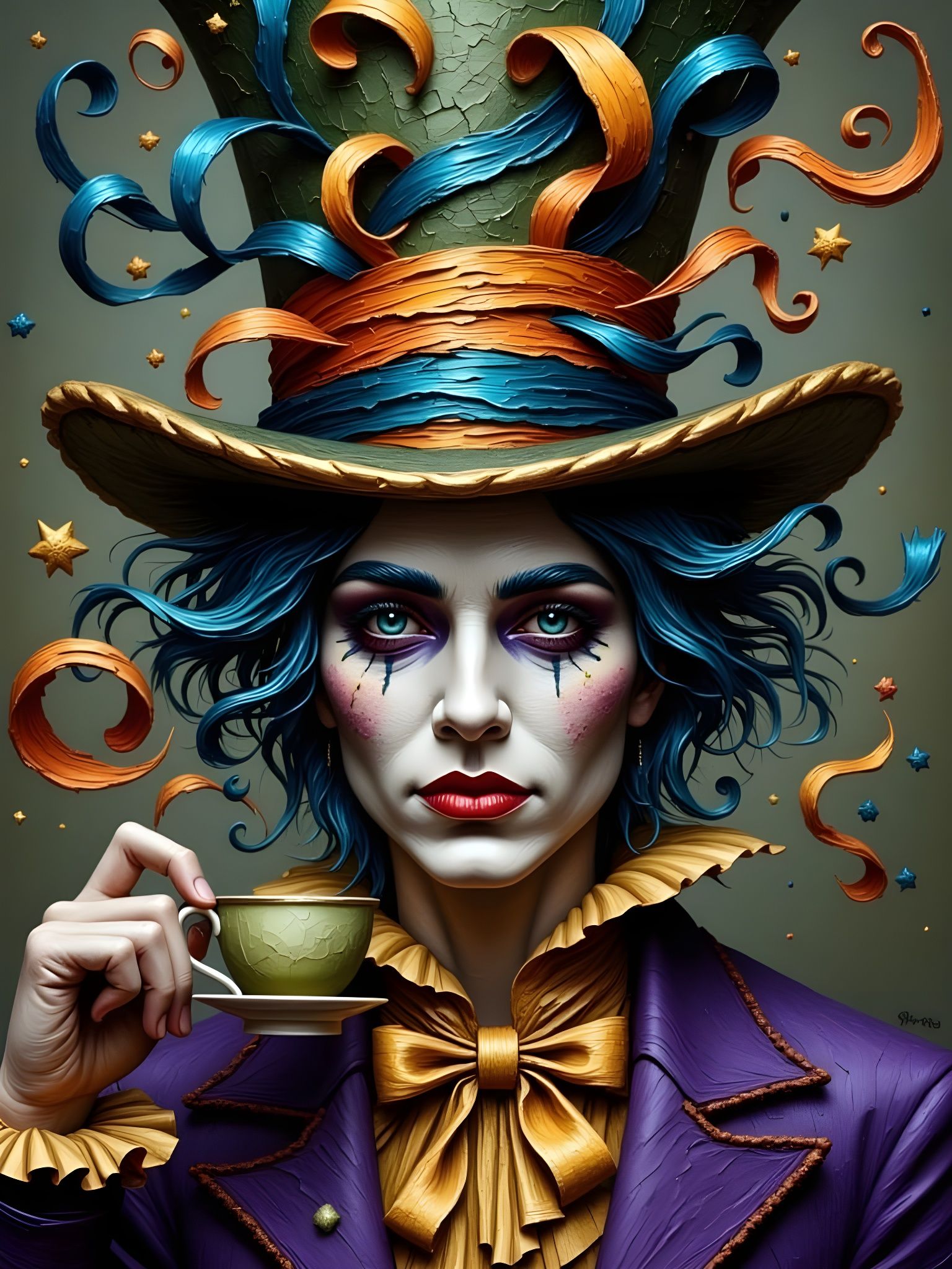 A beautiful masterpiece headshot of a the Mad Hatter with a tall ...