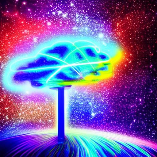Human Brain Radiating Neon Energy in Dark Sky - AI Art