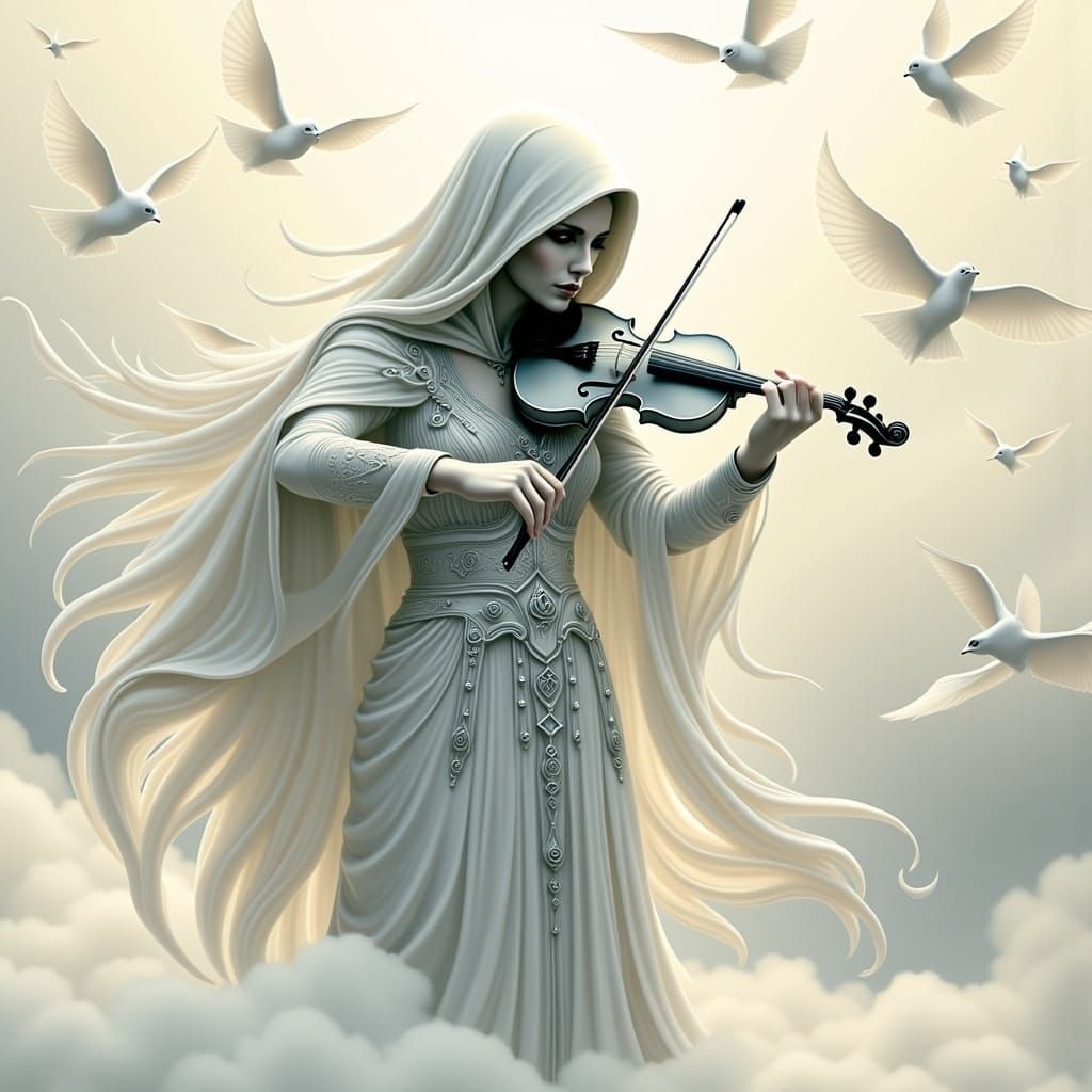 Regal Grim Reaper Plays Violin Amidst Ghostly Bats... - AI Art