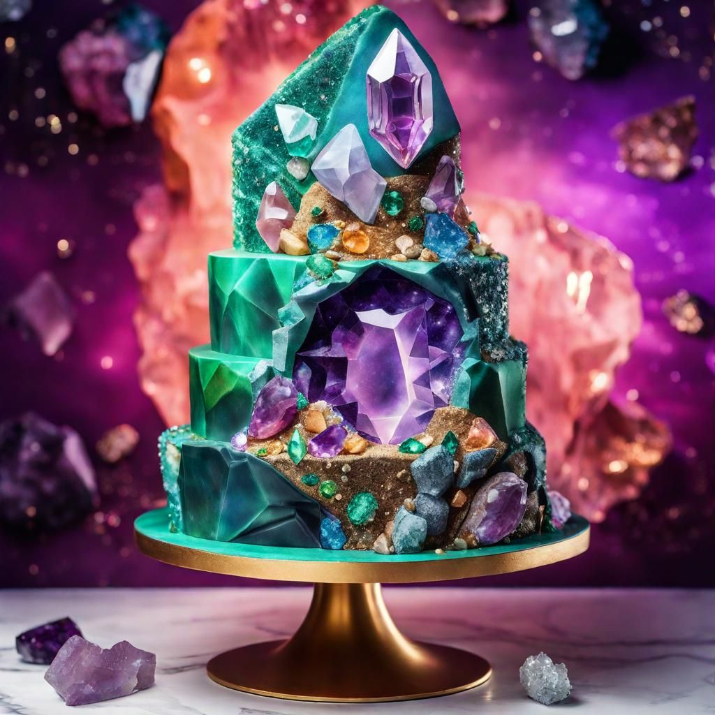 A giant gemstone themed cake with many sparkly gemstones, crystals ...